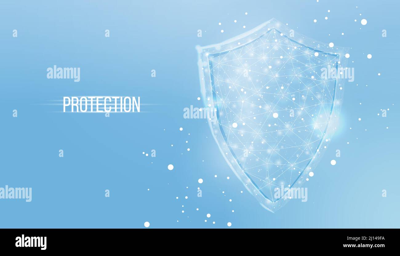 Guard shield. Cyber security concept with glowing low poly shield on blue background. Wireframe ...