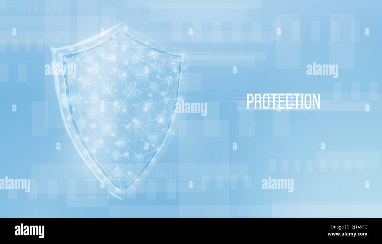 Guard shield. Cyber security concept with glowing low poly shield on blue background. Wireframe ...