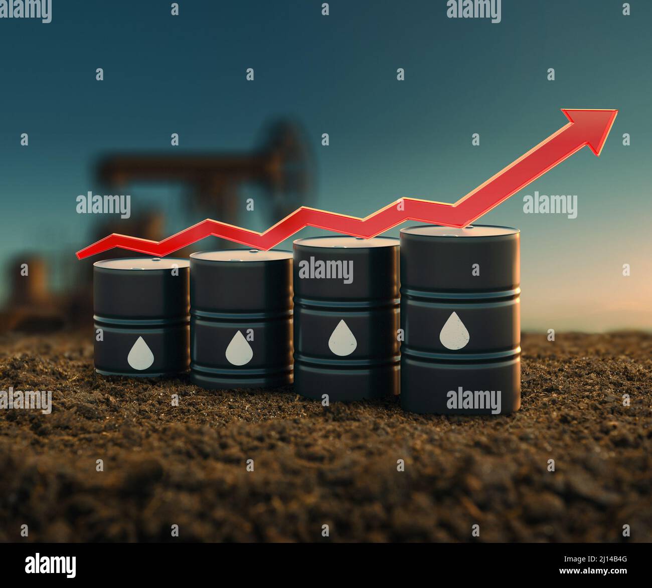 Four oil barrels with a red up arrow and oil pump. Rising oil prices ...