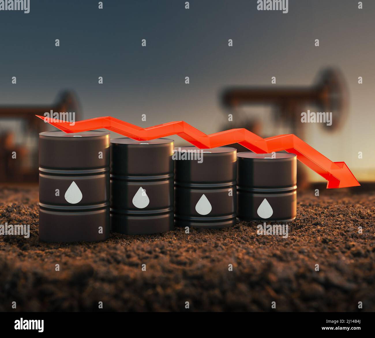 Four oil barrels with a red down arrow graph and oil pump. Falling down ...