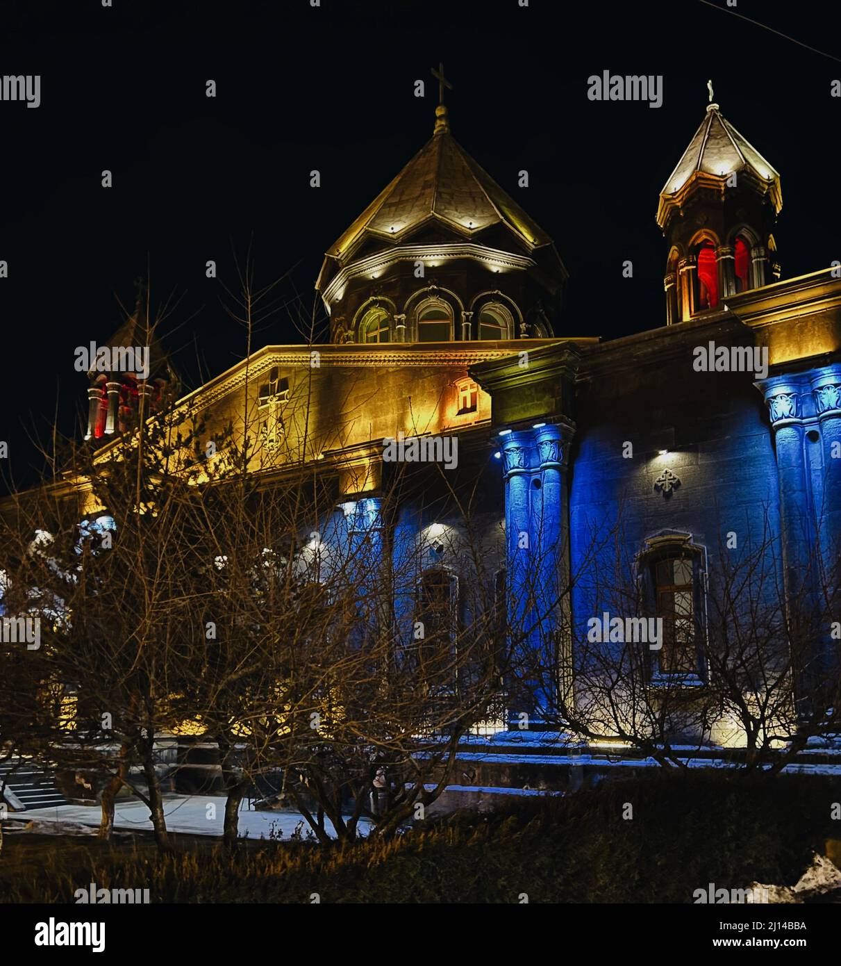 Scenic view of the Seven Wounds church at night in Gyumri, Armenia ...