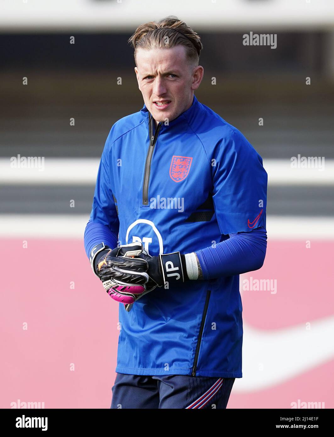 England goalkeeper Jordan Pickford during a training session at St ...