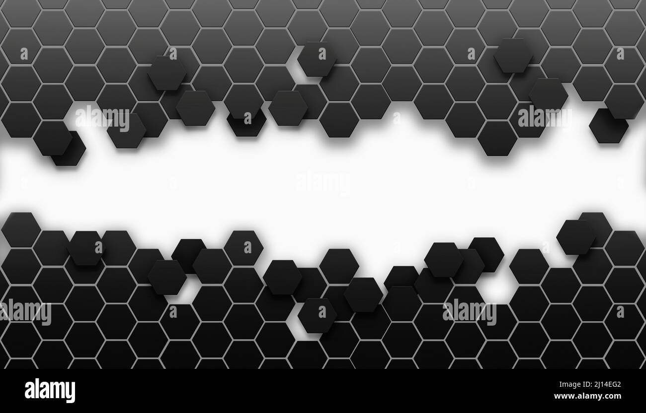 Hexagonal dark grey grid with blank white space for text or logo ...