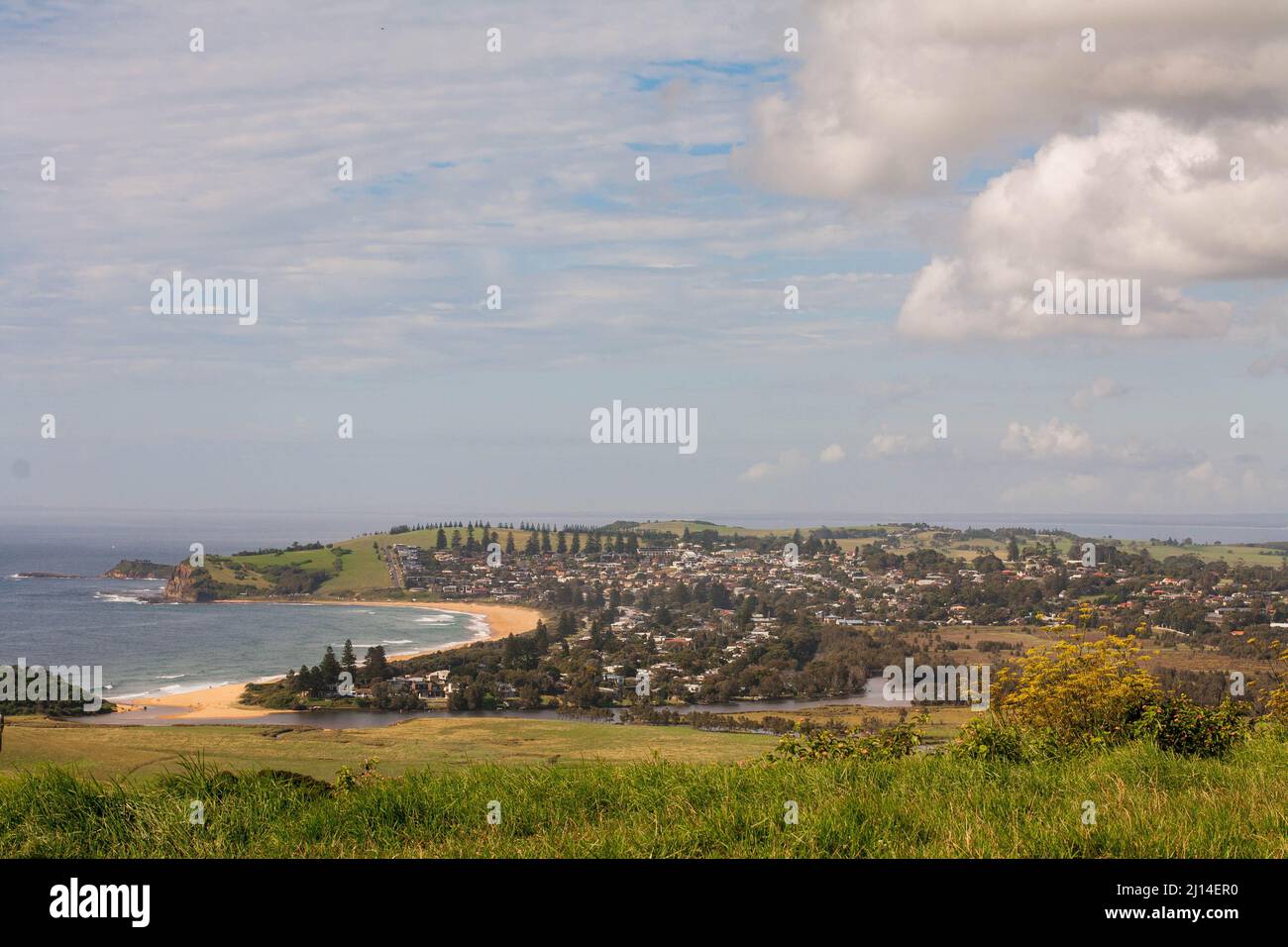 Scenic view of the shoreline and cityscape of the Gerringong on a sunny ...