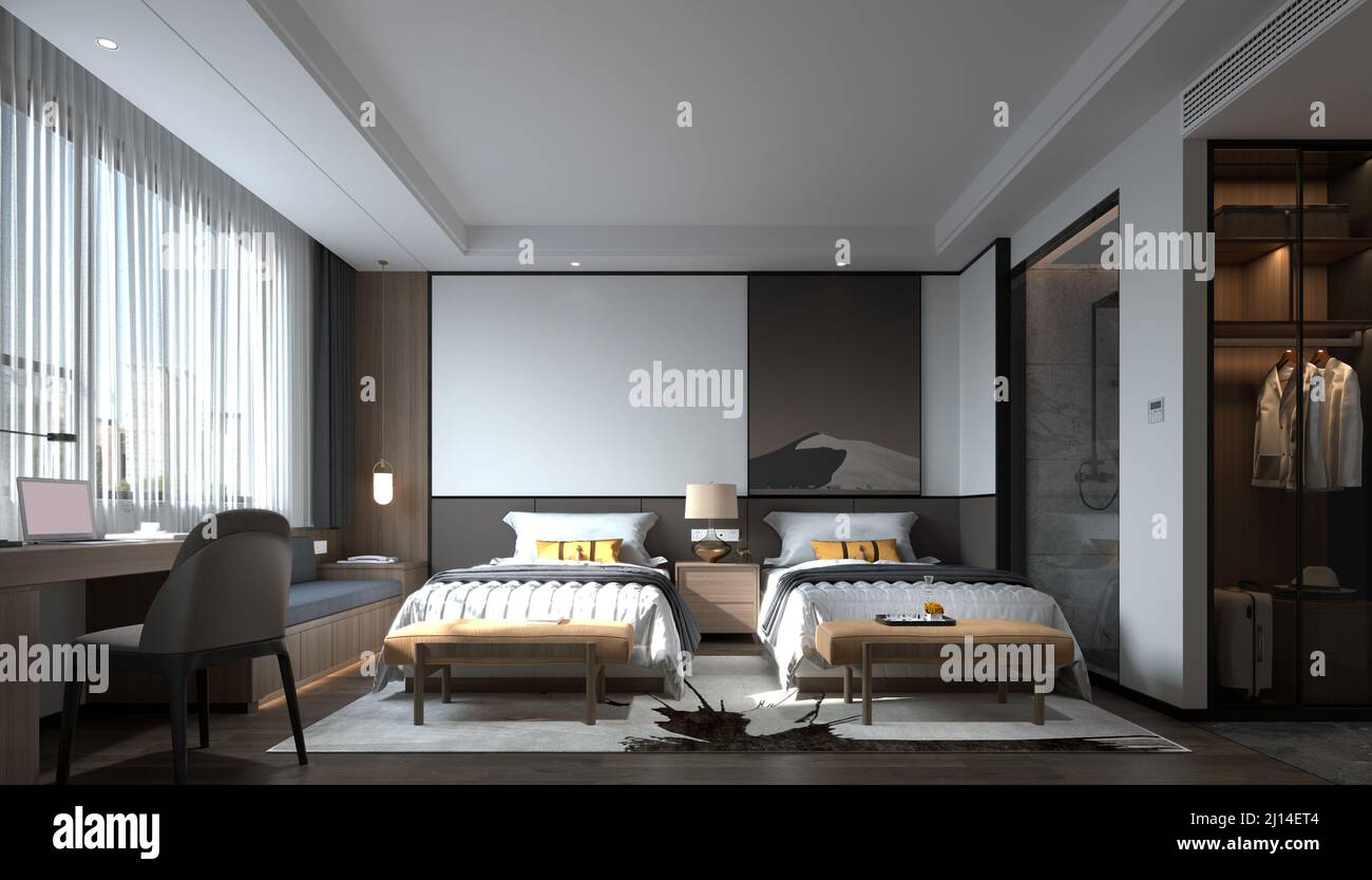 3d render of luxury hotel room, bedroom Stock Photo - Alamy
