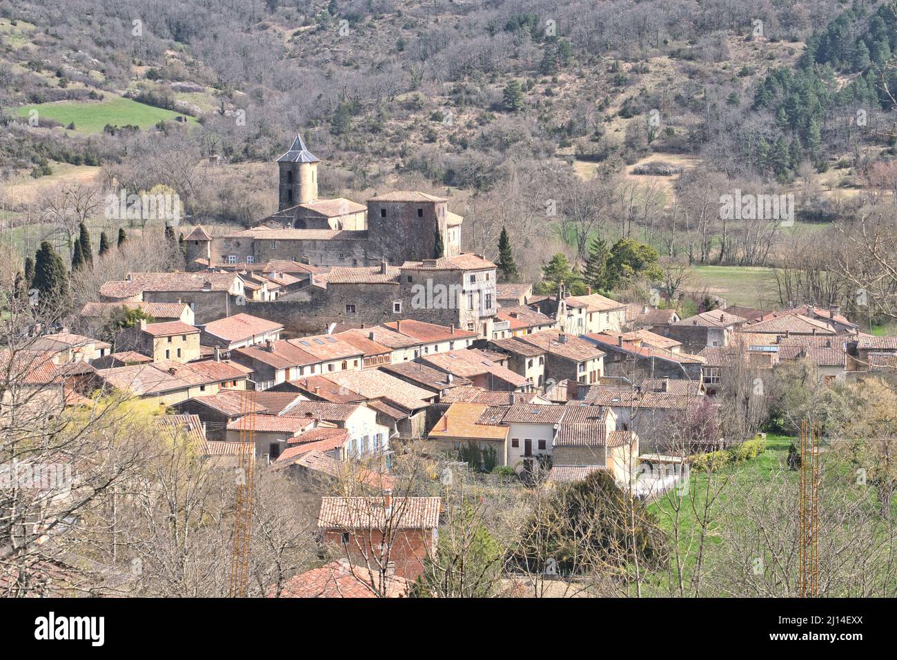 Camon Ariege France. 03.22.22 Panoramic village view, Terracotta tiled ...