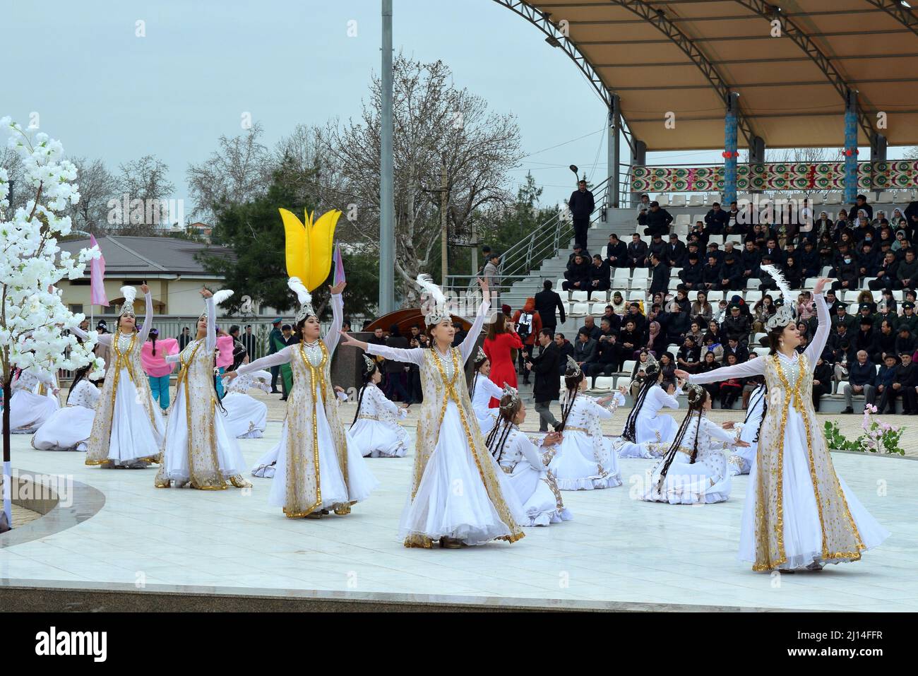 Uzbek girls of the dance ensemble in national dresses at the ...