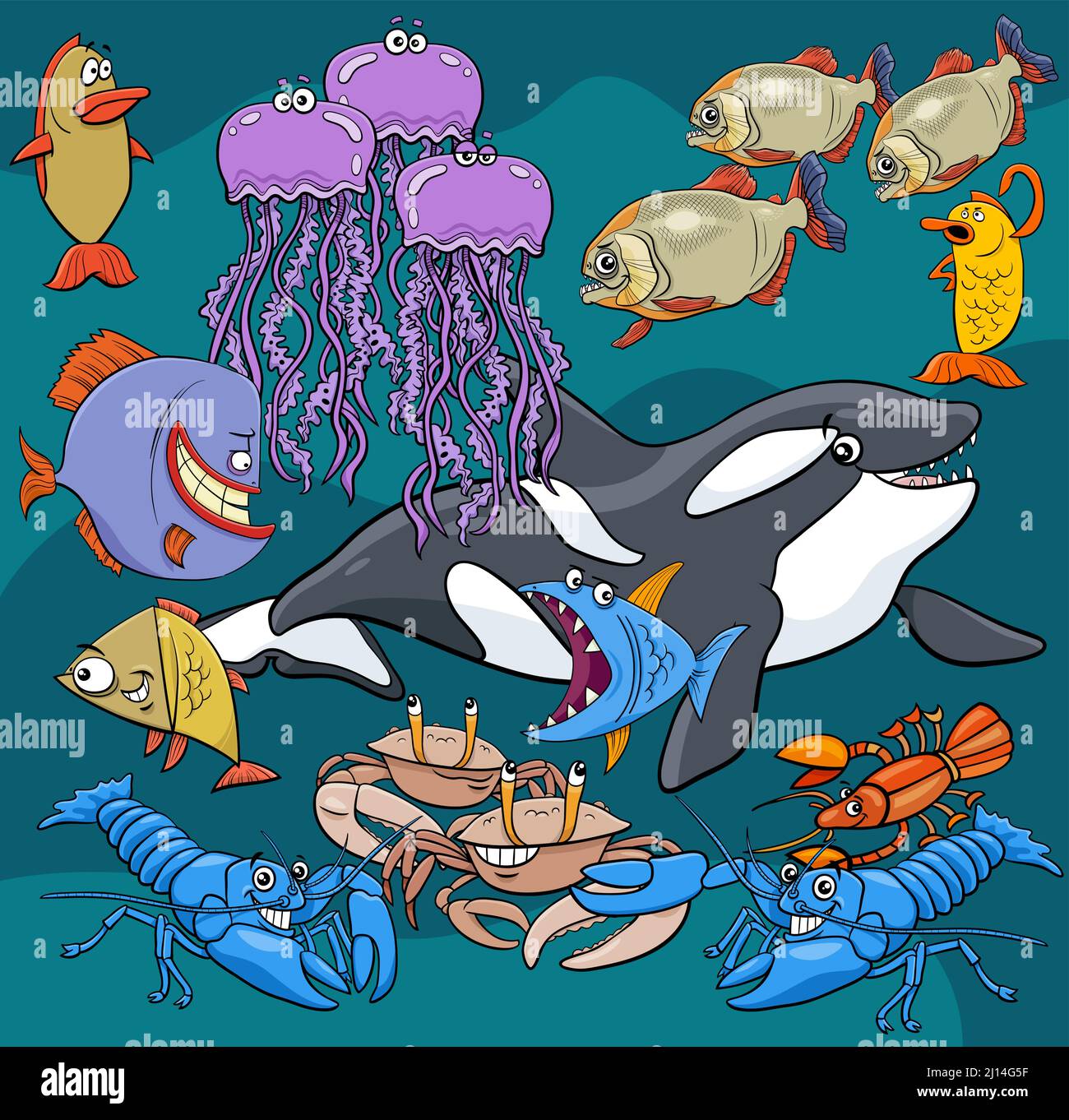 Cartoon illustrations of funny fish sea life animal characters group ...
