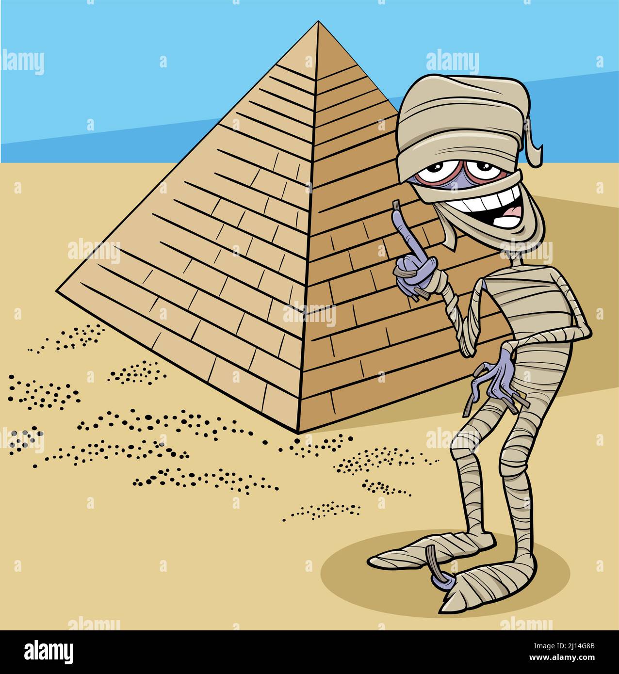 Cartoon illustration of funny mummy character and pyramid in the desert ...