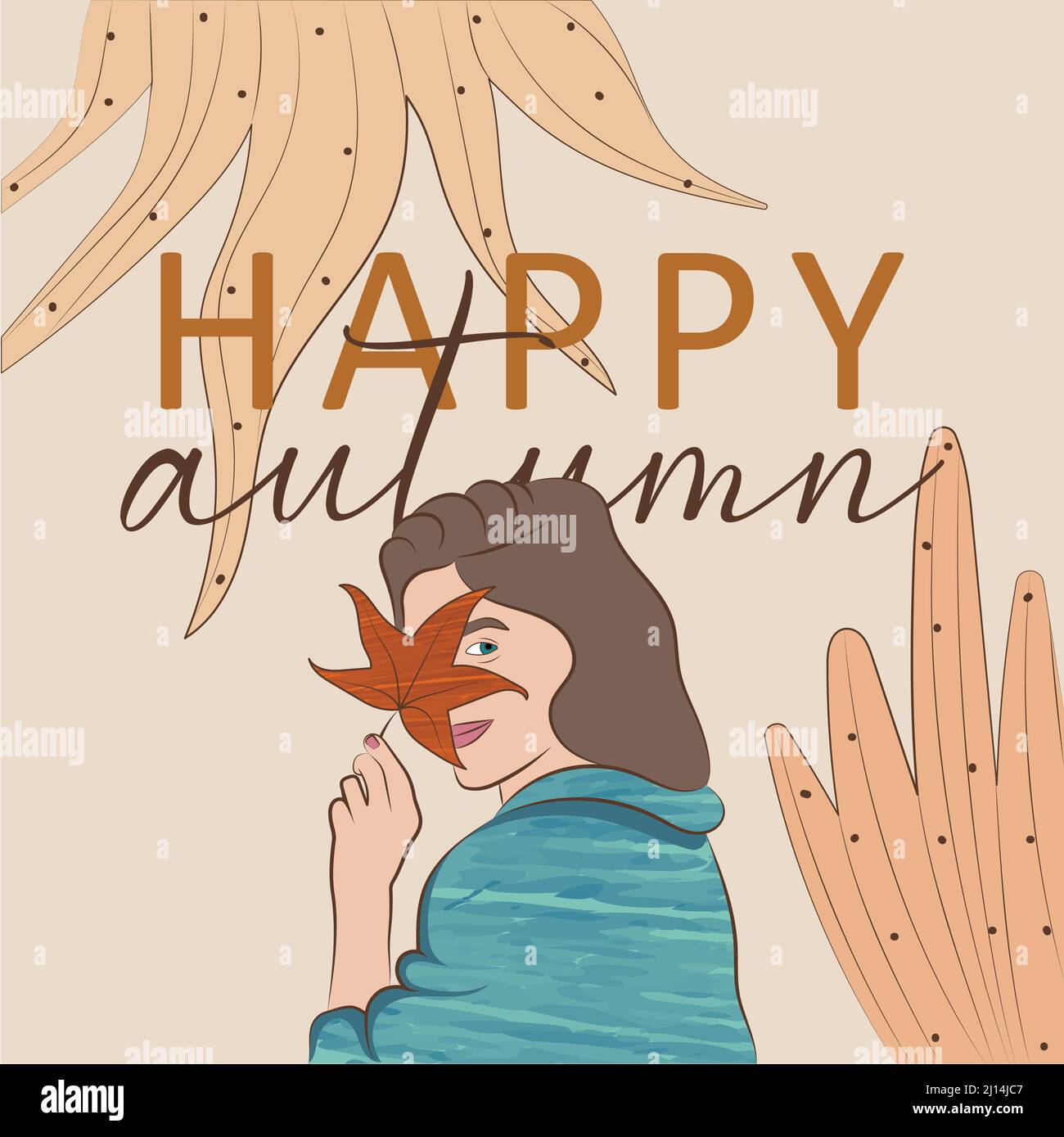 Happy girl with an autumn leaf Happy autumn background Vector Stock ...
