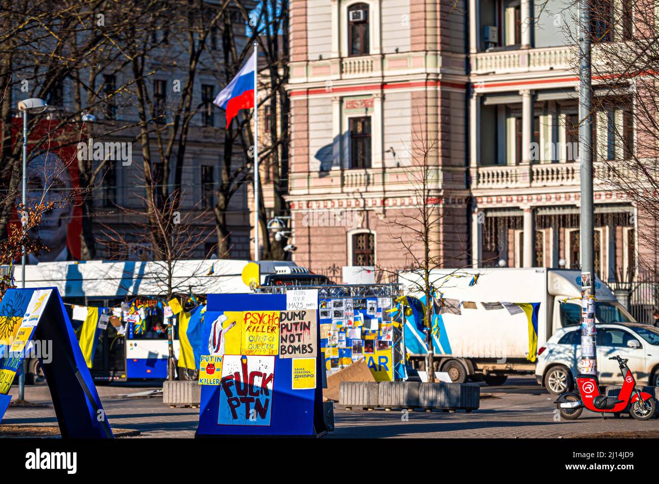 Riga, Latvia, March 18, 2022: Protest against the Russian invasion in ...