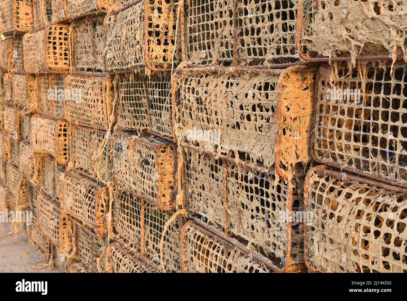Steel traps for harvesting shellfish piled up in port of Olhao Algarve ...