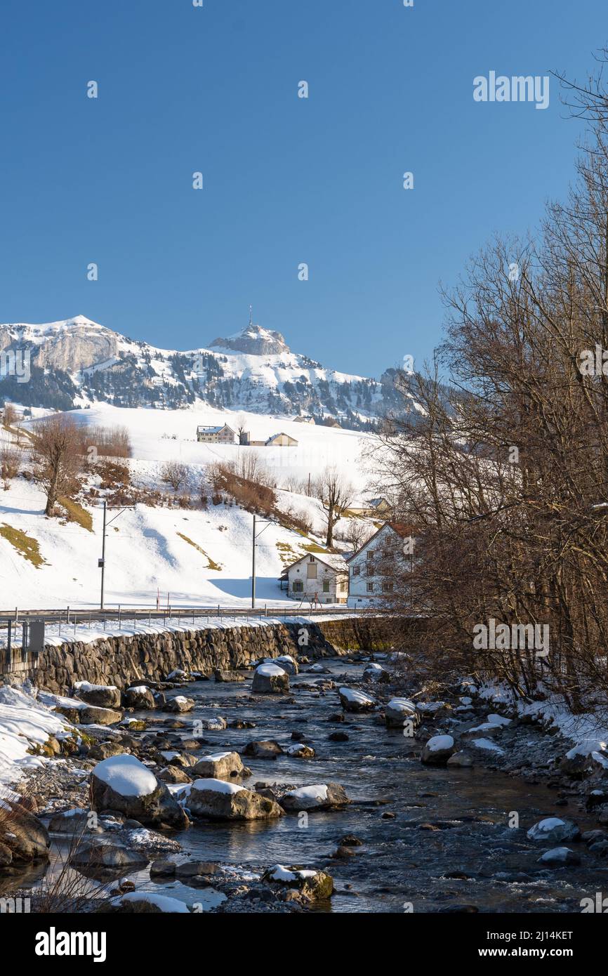 Appenzell, Switzerland, January 26, 2022 Mount Hoher Kasten covered ...