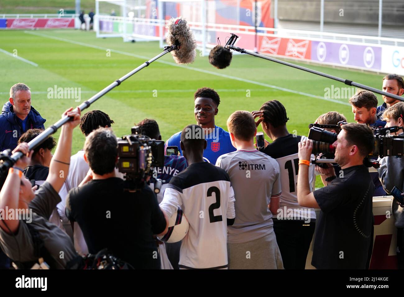 England's Bukayo Saka being interviewed during a training session at St ...