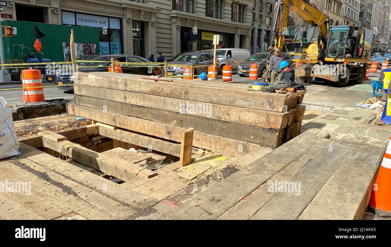 New York, NY, USA - March 20, 2022: Replacing old natural gas lines ...