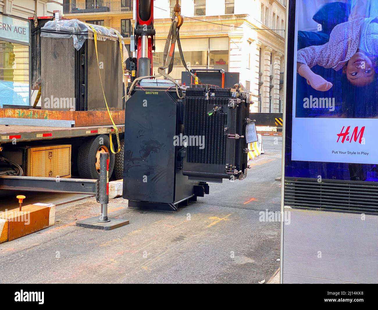 New York, NY, USA - March 20, 2022: A new electric transformer being ...