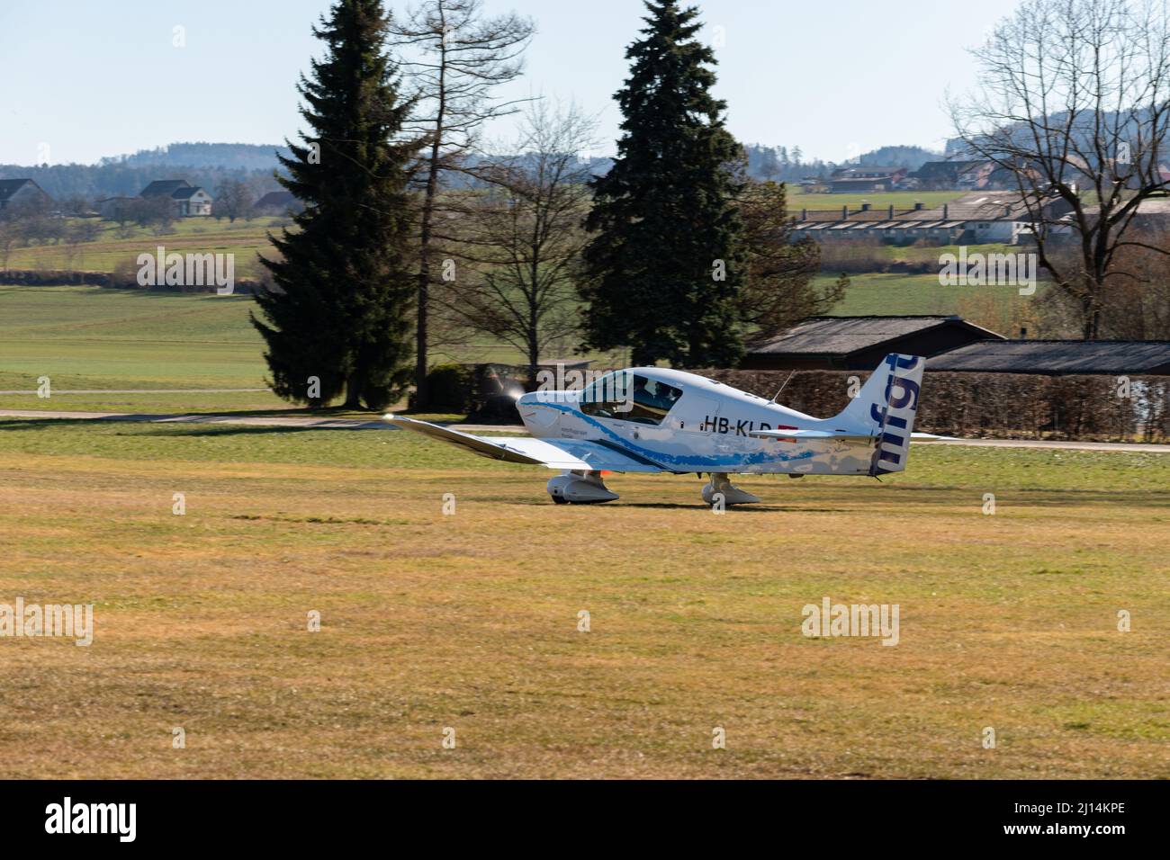 Lommis, Switzerland, February 27, 2022 Robin DR-400 propeller plane is ...