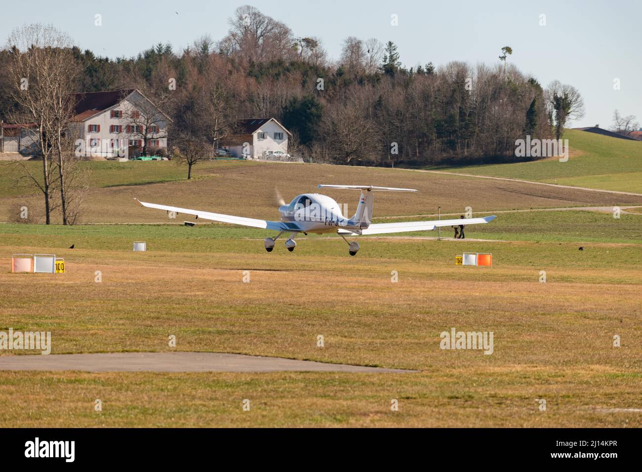 Lommis, Switzerland, February 27, 2022 Diamond DA-40 propeller plane is ...