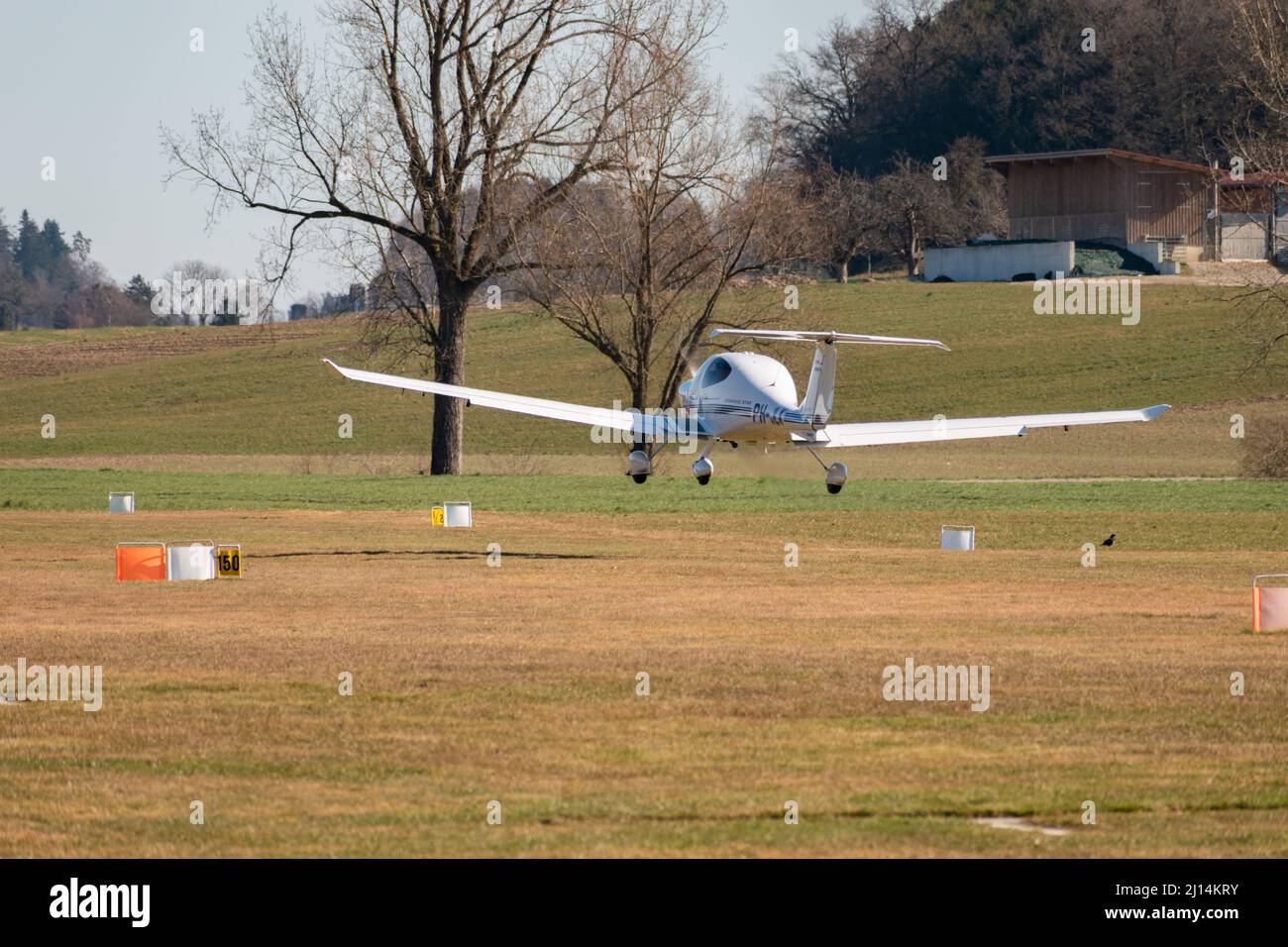 Lommis, Switzerland, February 27, 2022 Diamond DA-40 propeller plane is ...