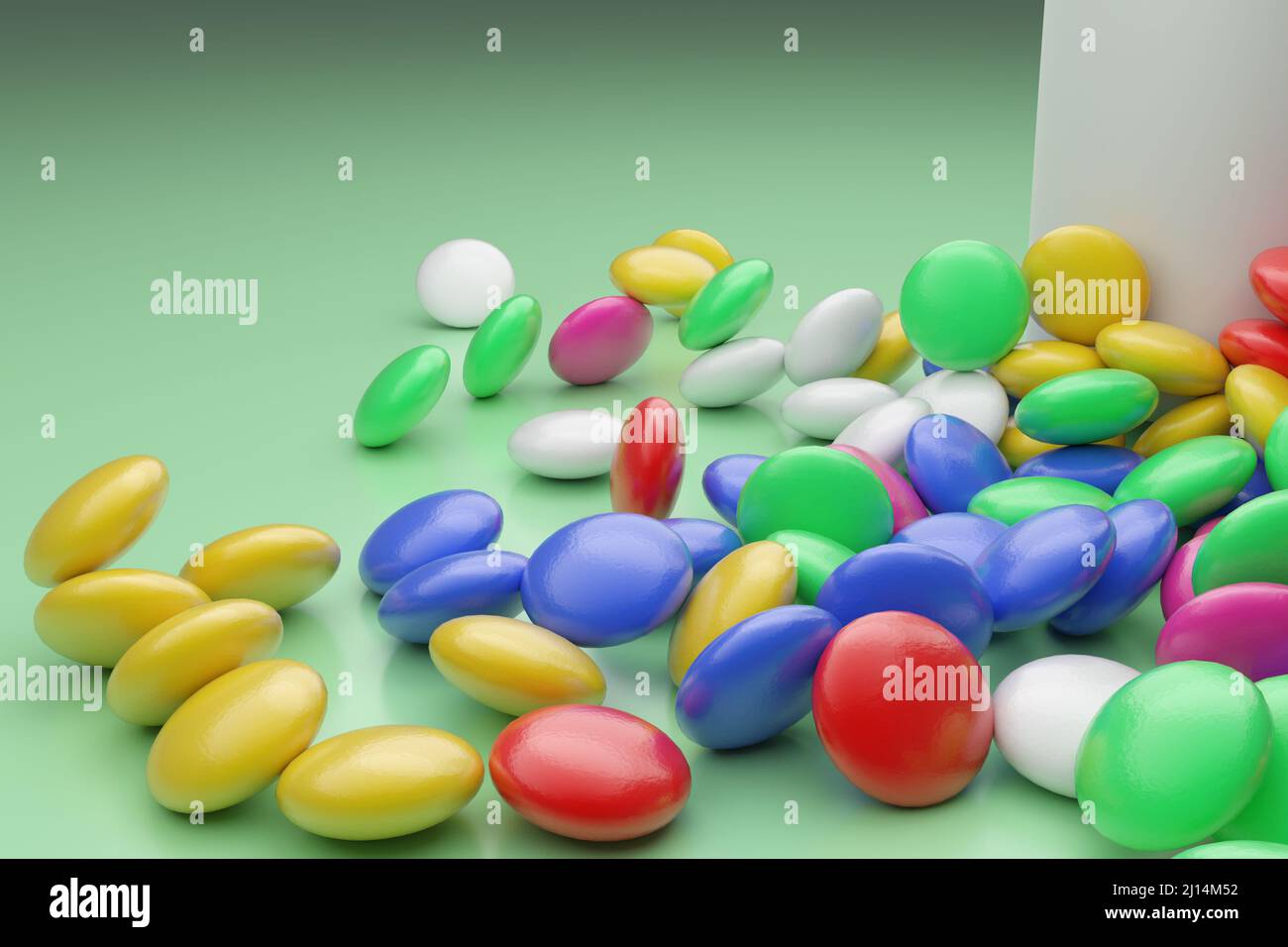 Multicolored tablets of medicines scattered from a white plastic jar. A ...