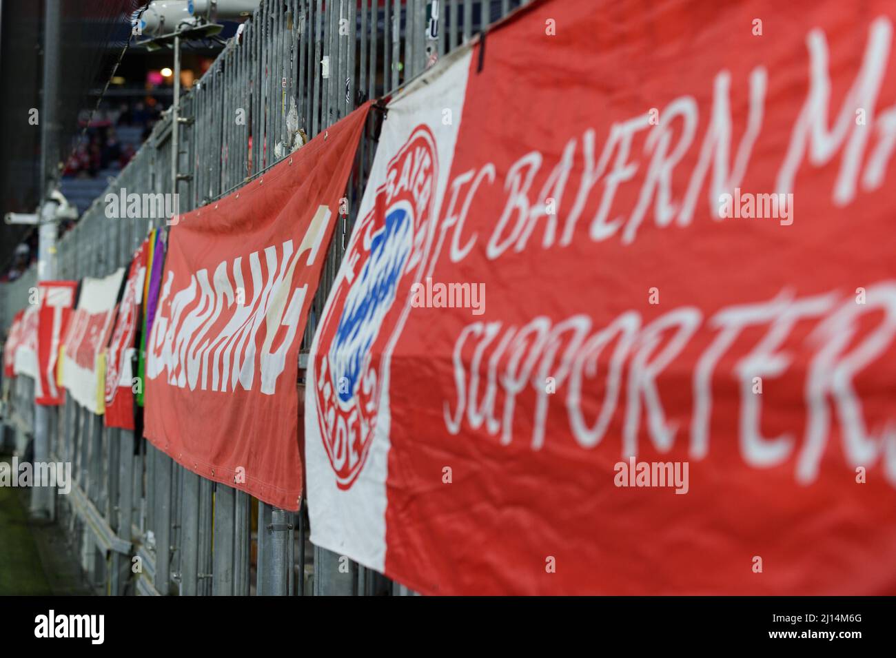 Munich, Germany. 22nd Mar, 2022. FC Bayern fan banner hanging in the ...