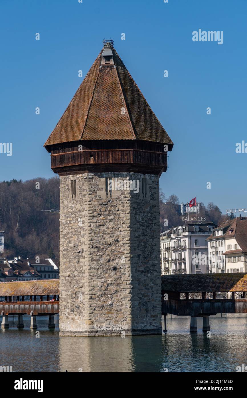 Lucerne, Switzerland, March 10, 2022 Tower of the popular old chapel ...
