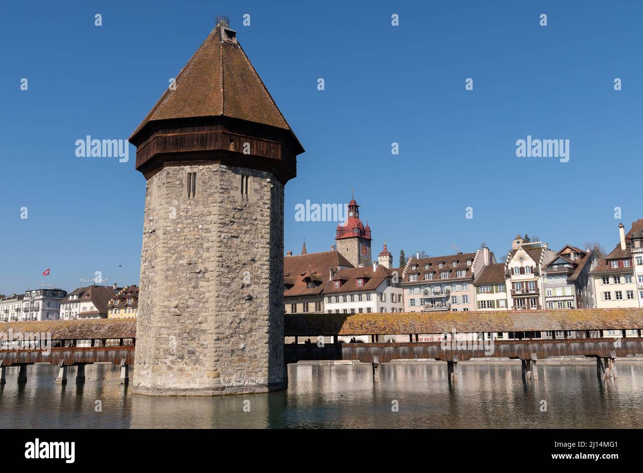 Lucerne, Switzerland, March 10, 2022 Tower of the popular old chapel ...