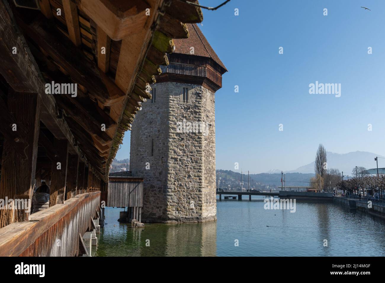 Lucerne, Switzerland, March 10, 2022 Tower of the popular old chapel ...