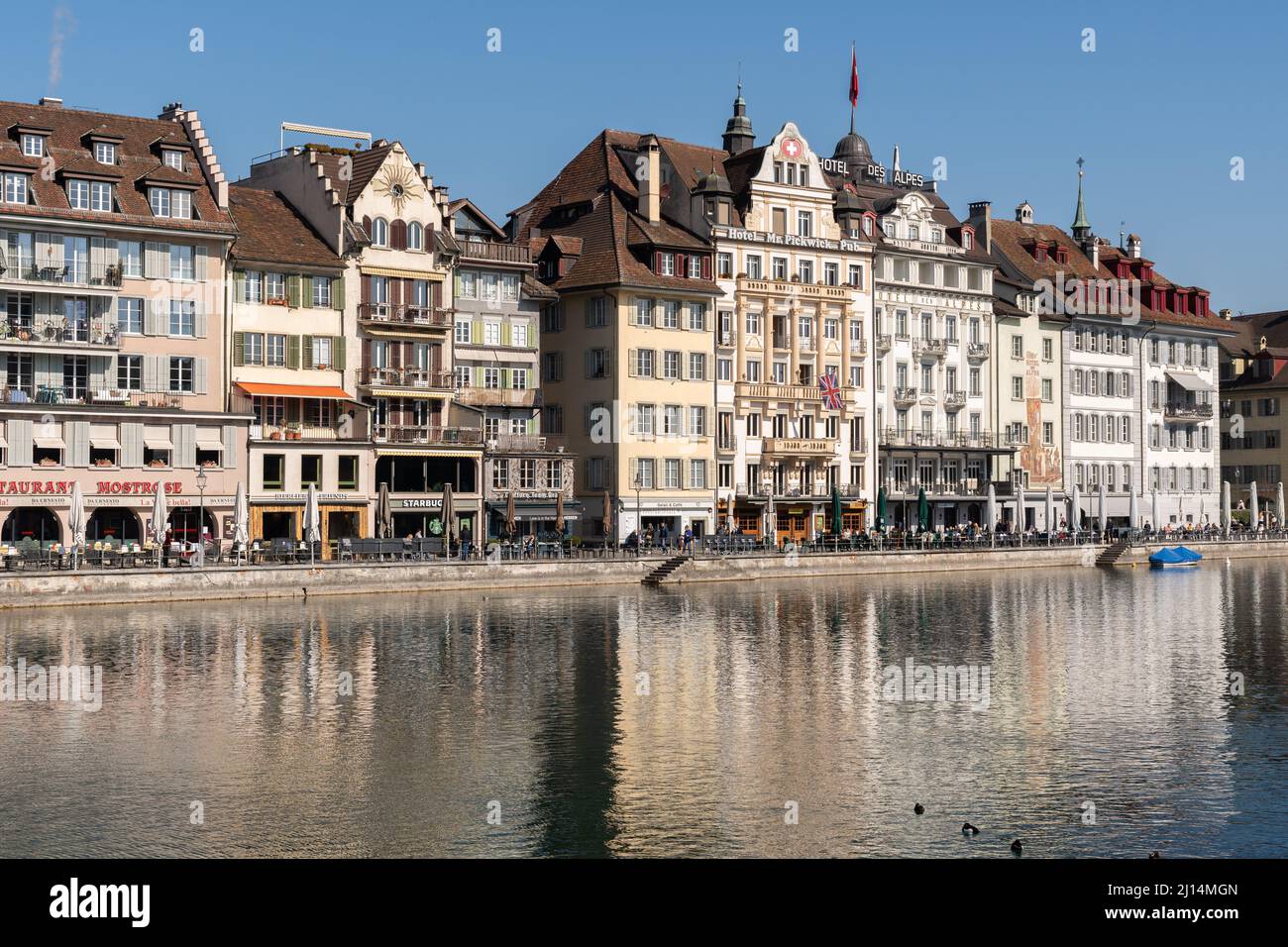 Lucerne, Switzerland, March 10, 2022 Beautiful promenade with historic ...