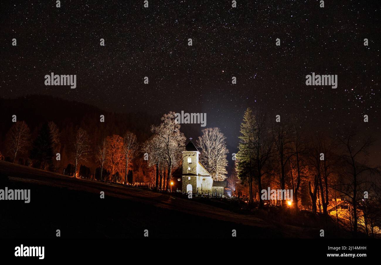 Picturesque view of a mountain forest lit by the red lights of the ...