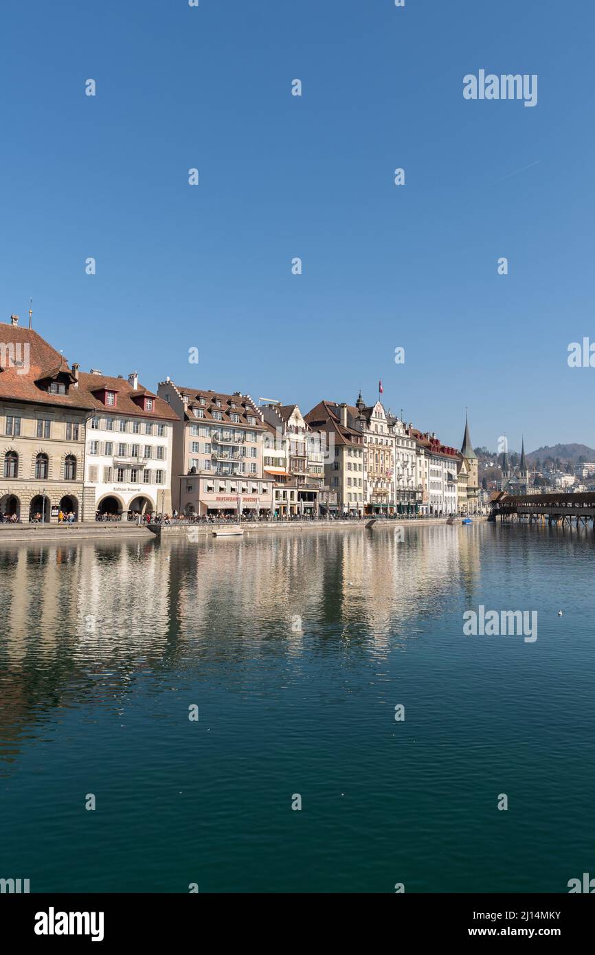 Lucerne, Switzerland, March 10, 2022 Water promenade with historic ...