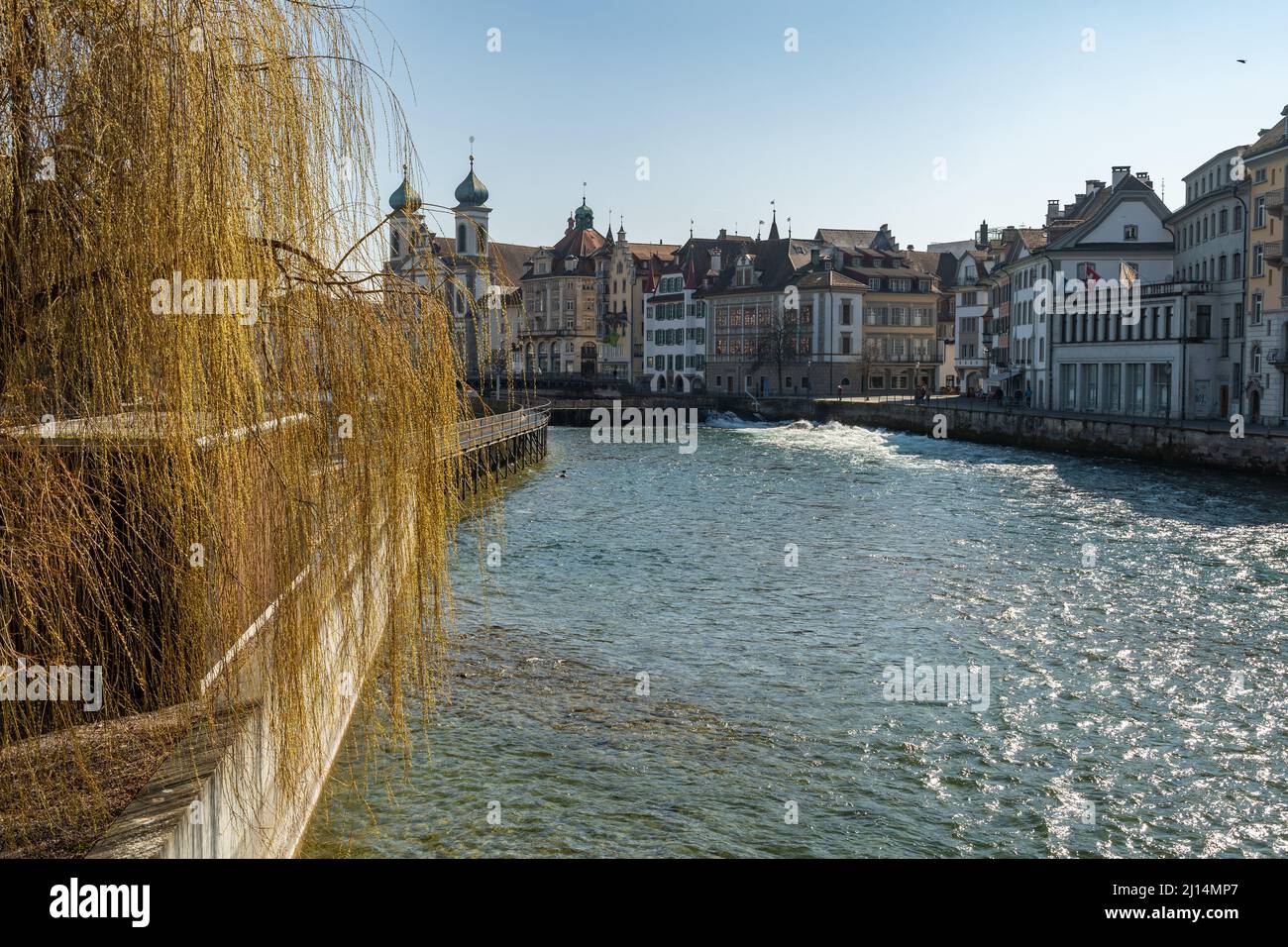 Lucerne, Switzerland, March 10, 2022 View over the river Reuss and some ...