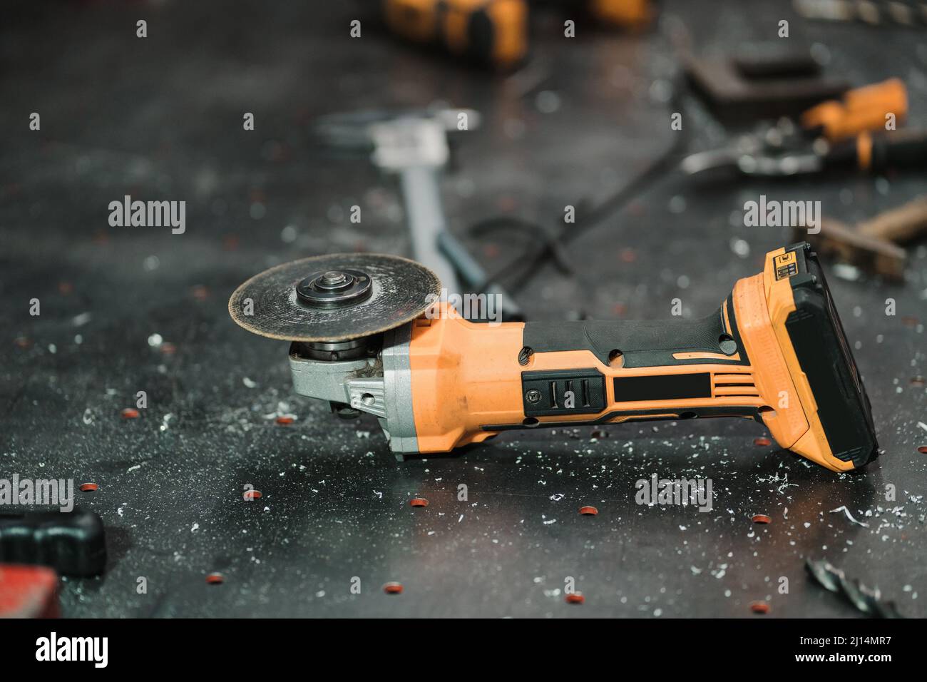 Workshop scene. Tools lying on metallic table in the workshop, garage ...