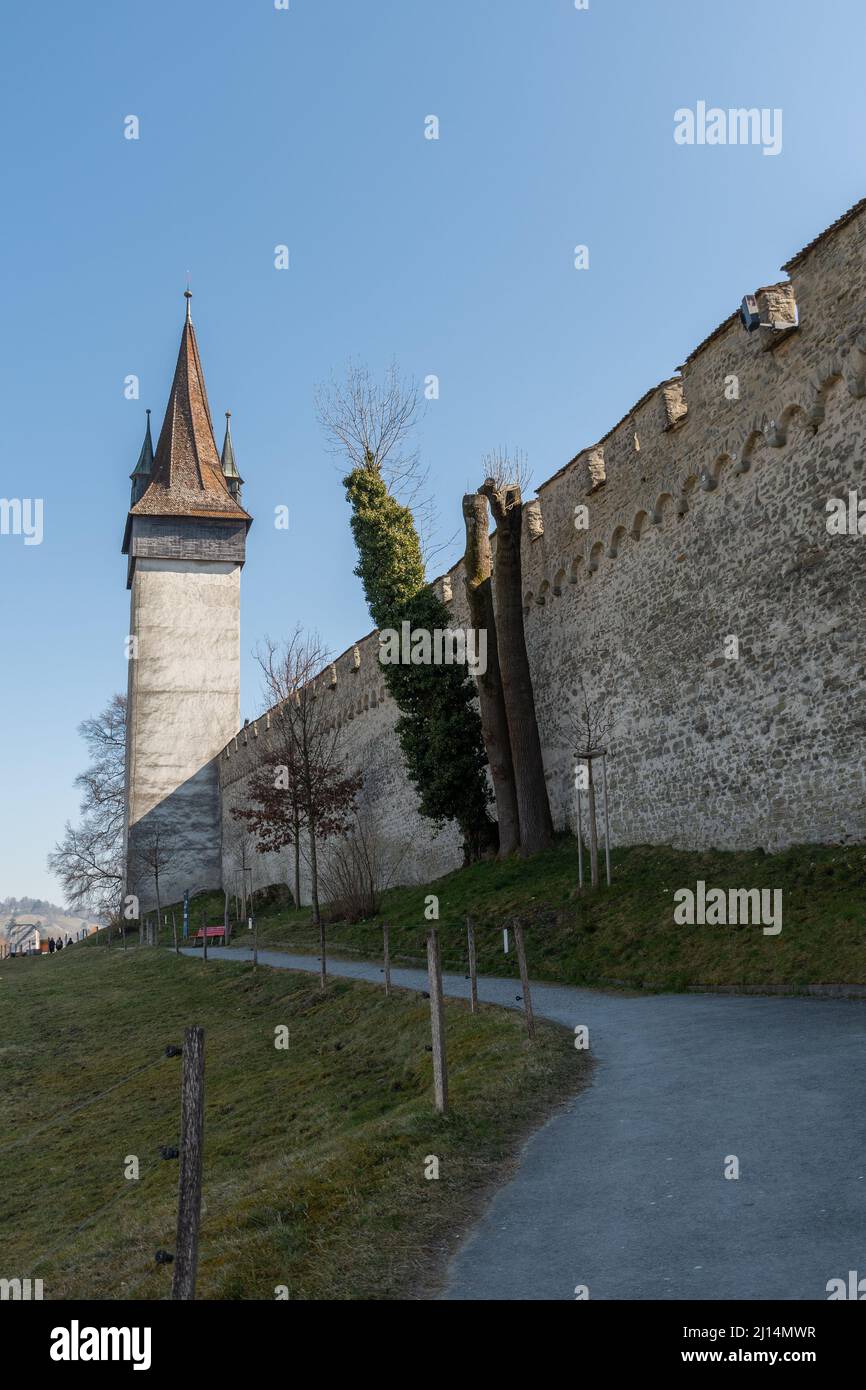 Lucerne, Switzerland, March 10, 2022 Historic old Musegg wall and tower ...