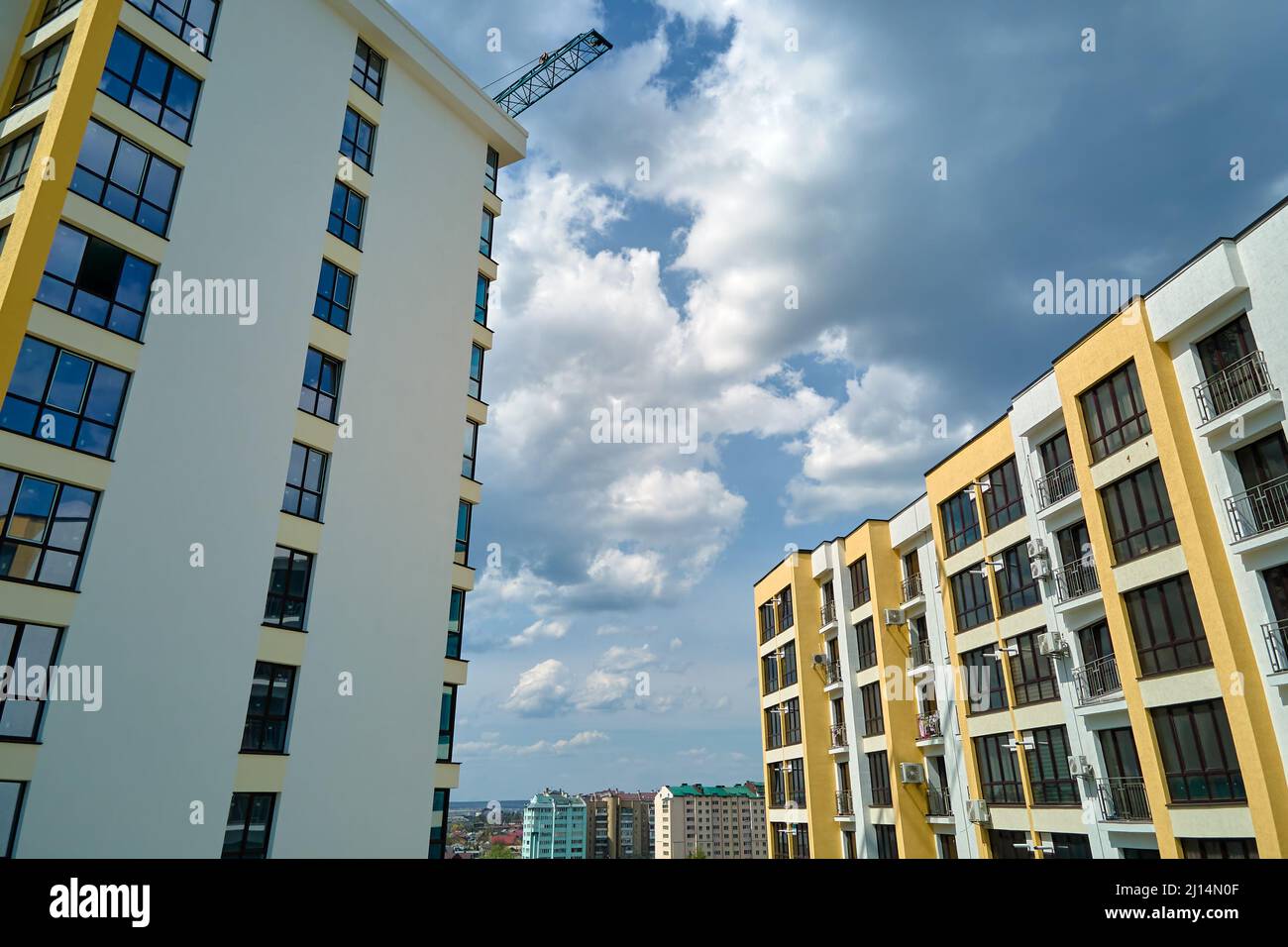 Architectural details of modern high apartment building facade with ...