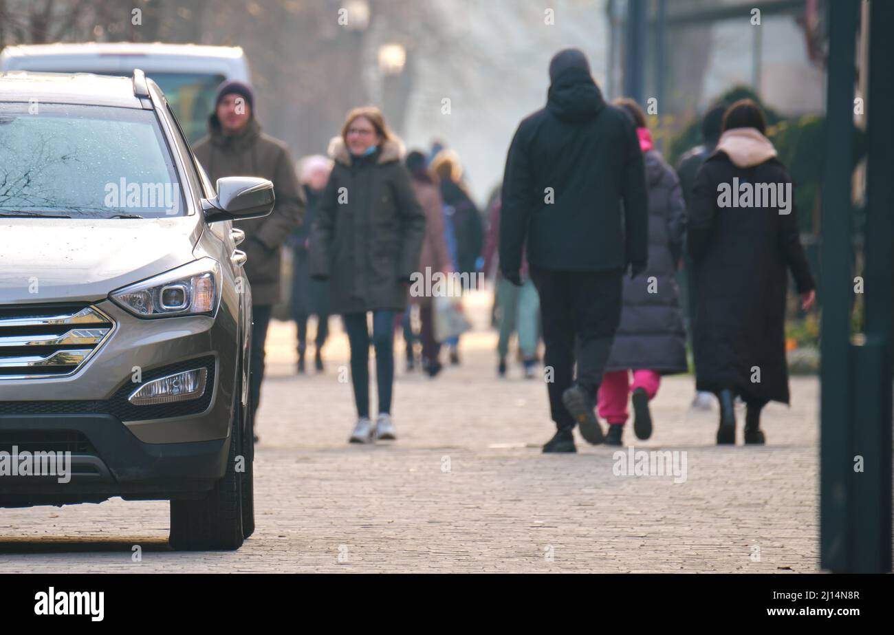Close up of a car parked illegally against traffic rules on pedestrian ...
