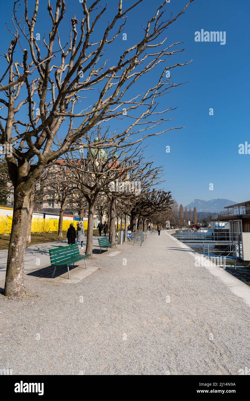 Lucerne, Switzerland, March 10, 2022 Water promenade at the beautiful ...