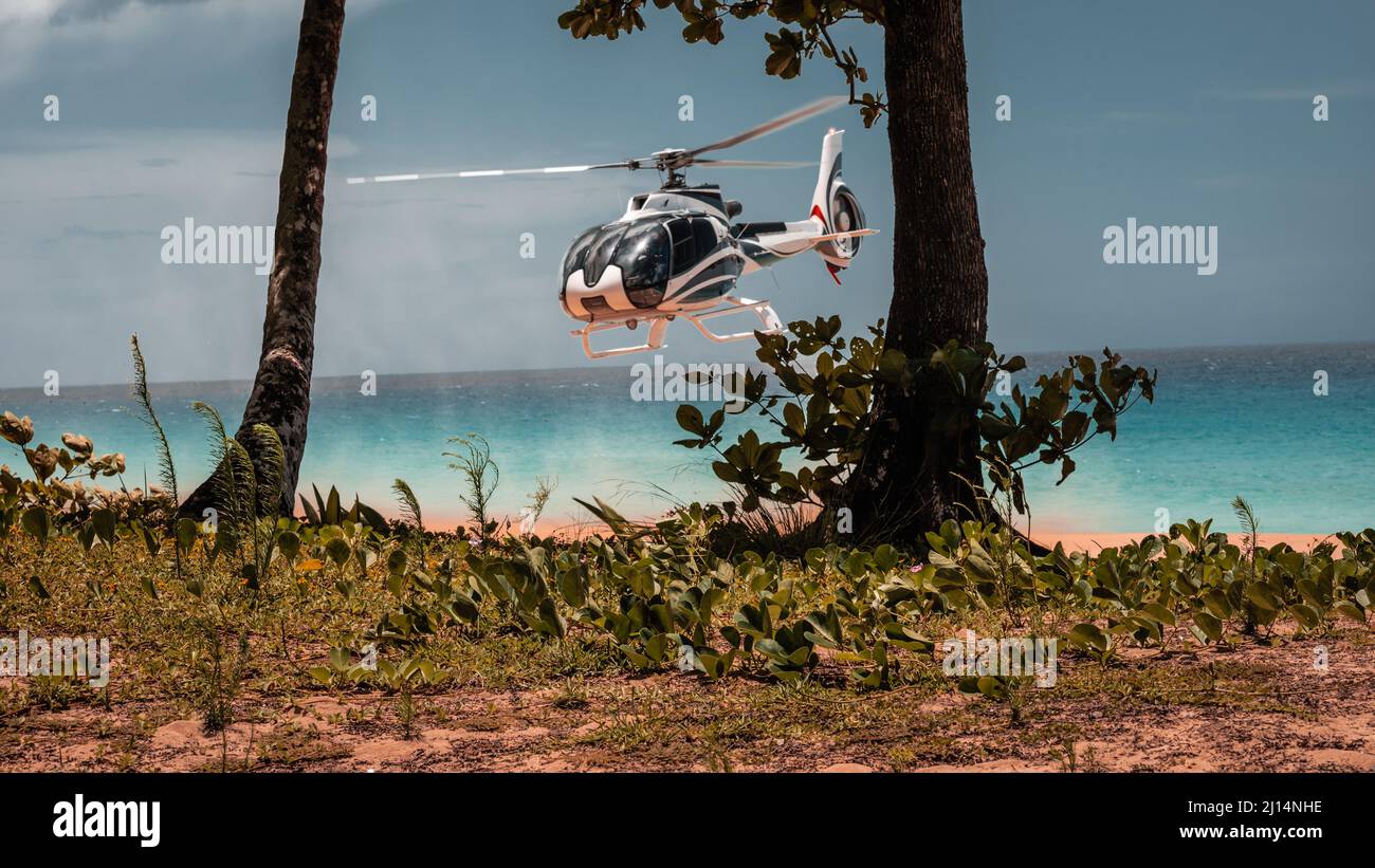 The photo shows a helicopter that brought tourists to the beach to ...