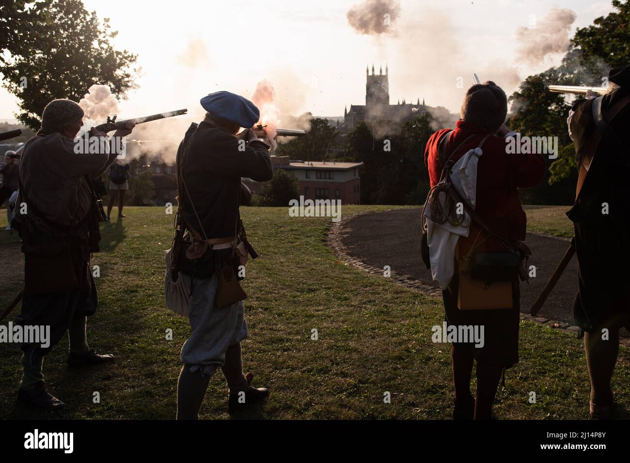 Worcester, UK. 3rd September 2021. Pictured: Re-enactors fire their ...