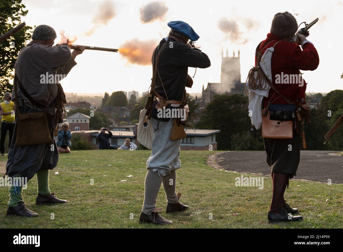 Worcester, UK. 3rd September 2021. Pictured: Re-enactors fire their ...