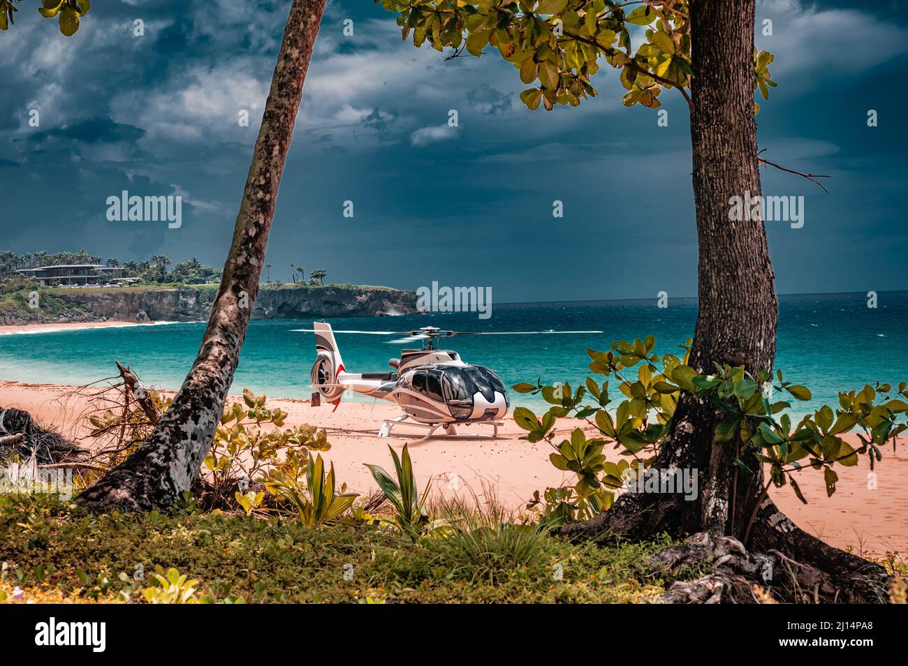 The photo shows a helicopter that brought tourists to the beach to ...