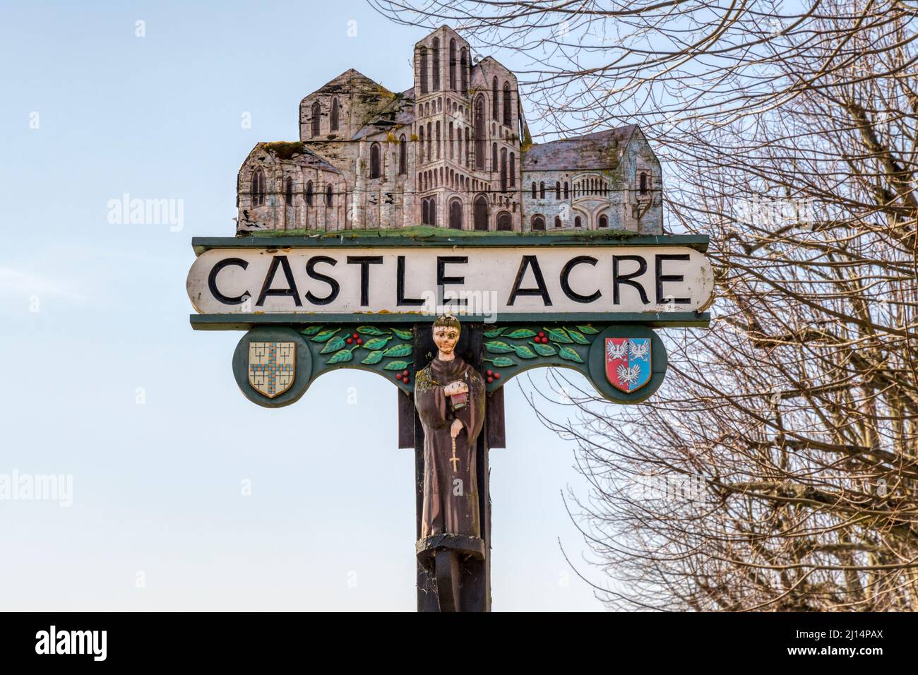 The village sign for Castle Acre in Norfolk Stock Photo - Alamy