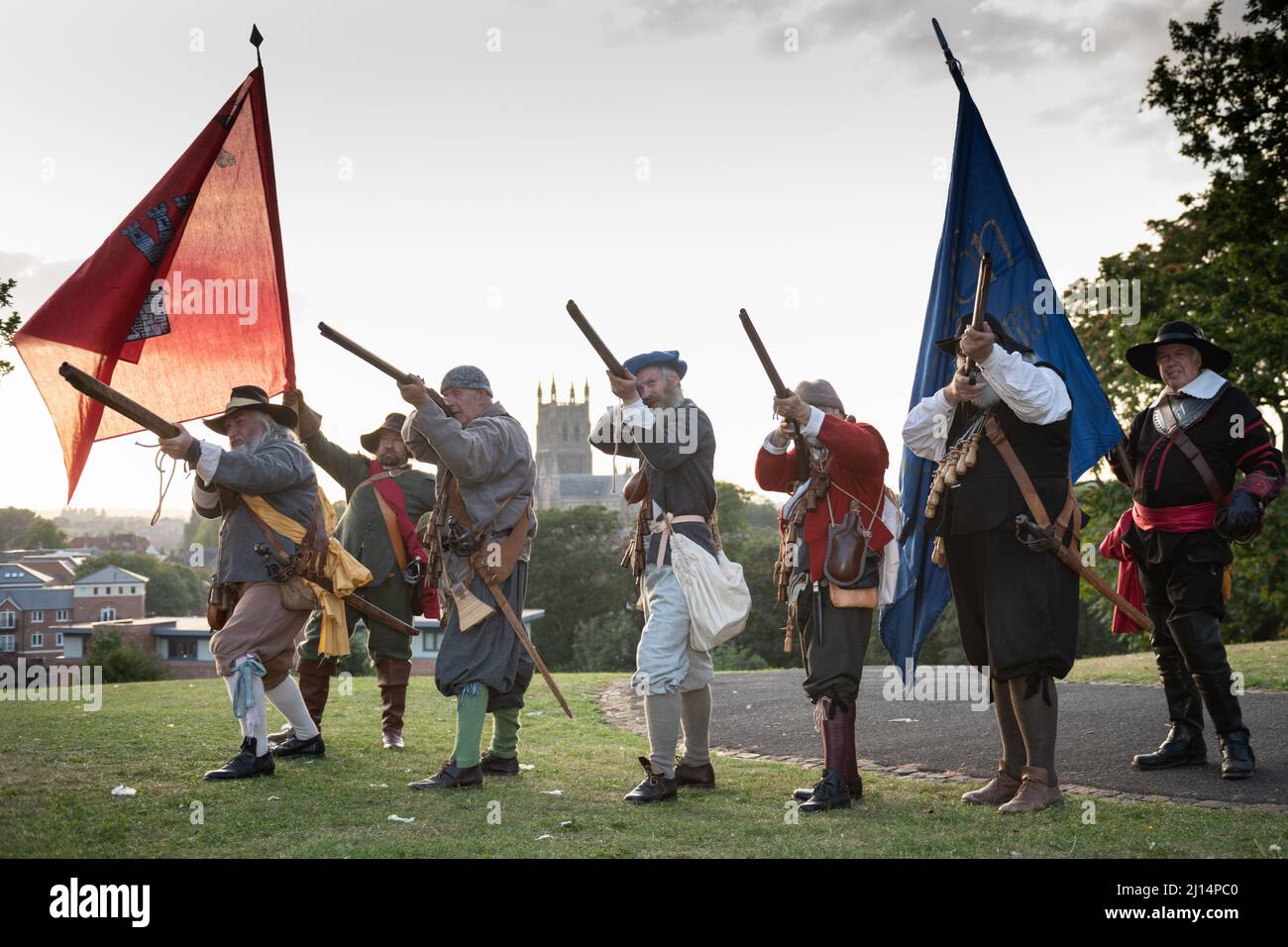 Worcester, UK. 3rd September 2021. Pictured: Re-enactors fire their ...