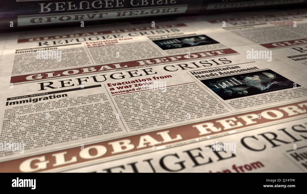 Refugee crisis newspaper print. Vintage press abstract concept. Retro ...