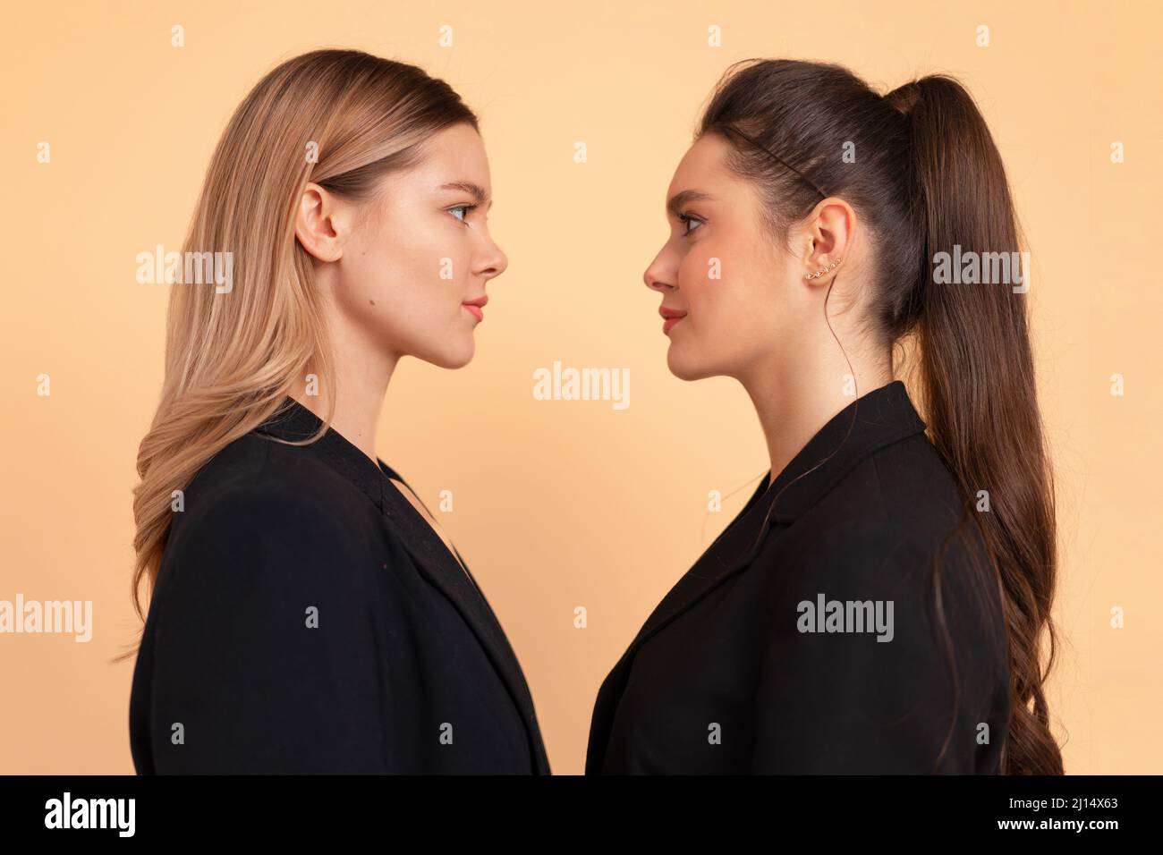 Two business woman facing each other face to face eyes to eyes friends ...