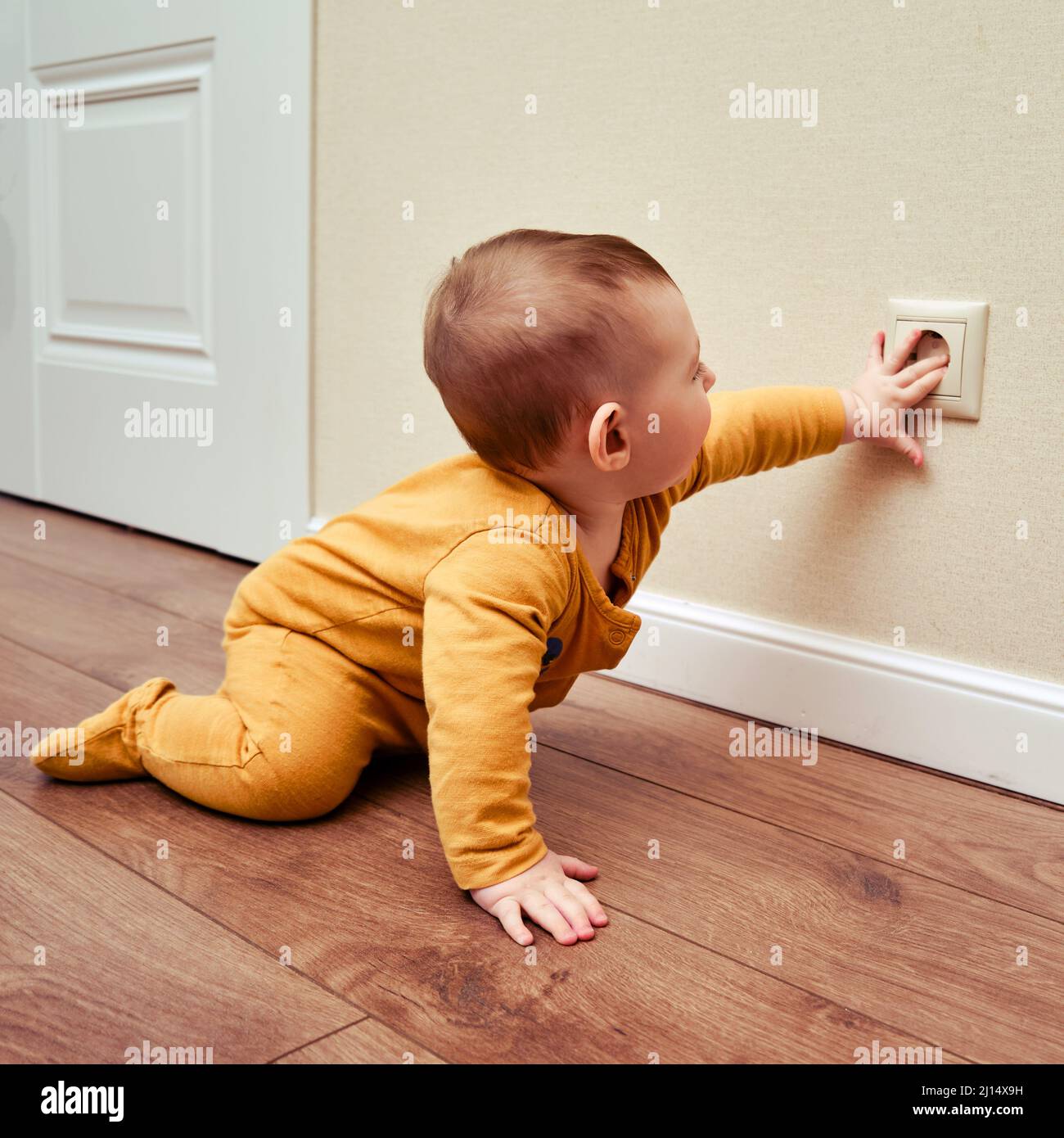 Baby toddler reaches into the electrical outlet on the home wall with ...