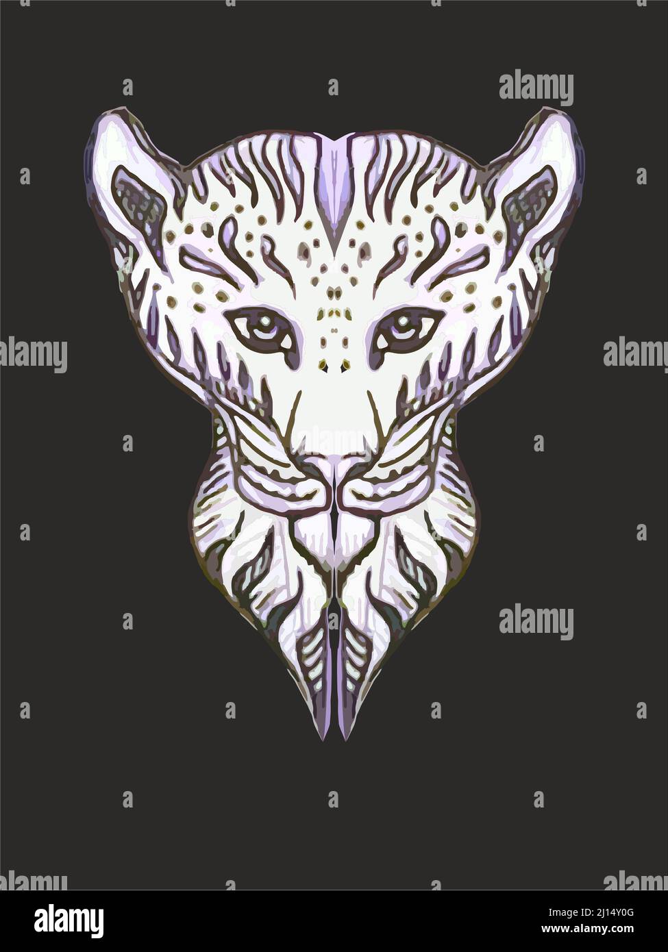 Ornate snow leopard head on a black background. Grunge snow leopard ...