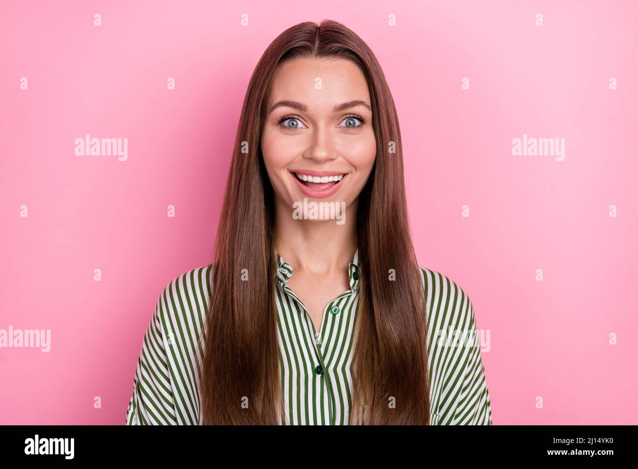 Photo of excited funny glad lady open mouth wow reaction wear striped ...