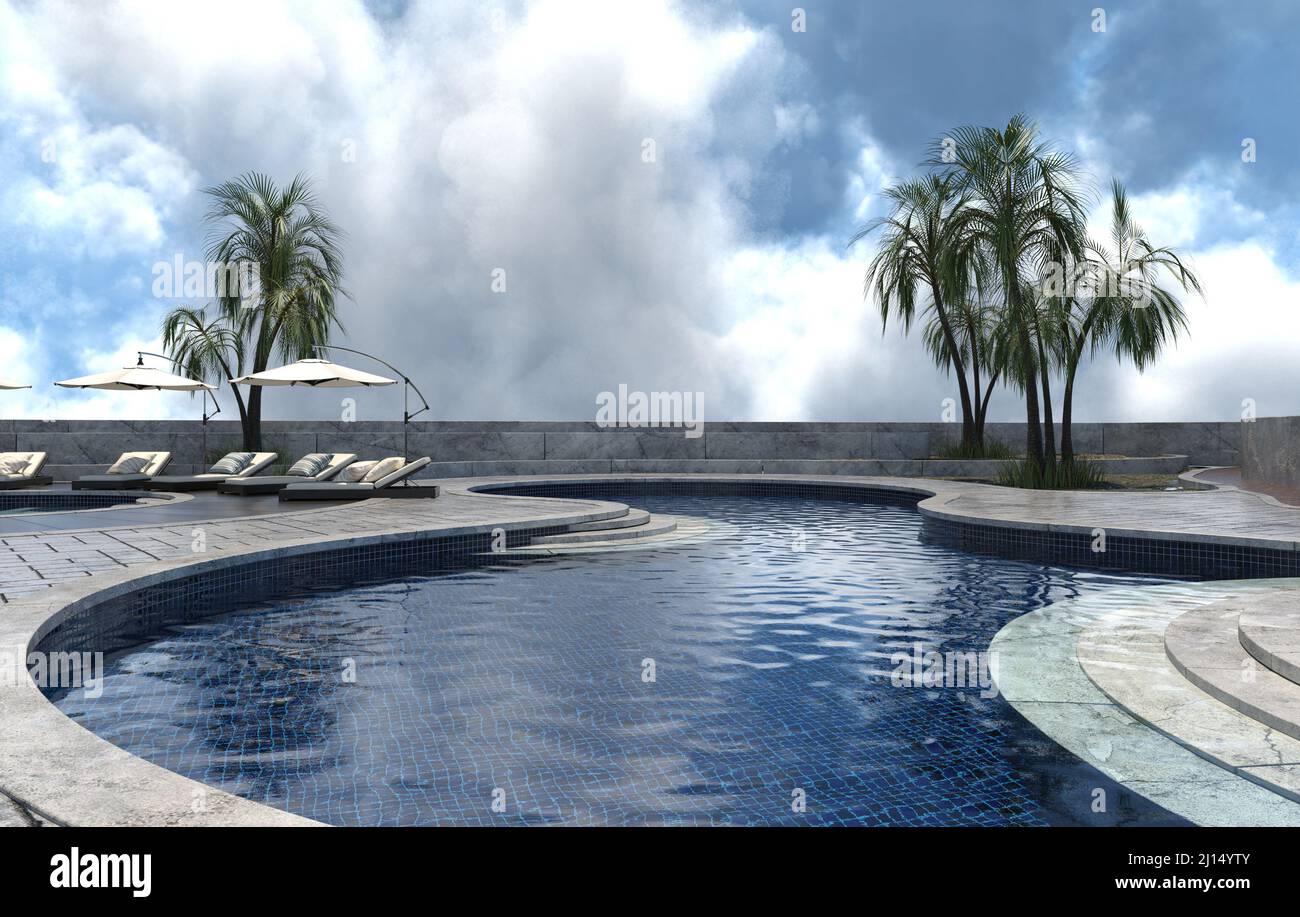 3d render of a palm resort with luxury pool area, chairs and umbrelas ...