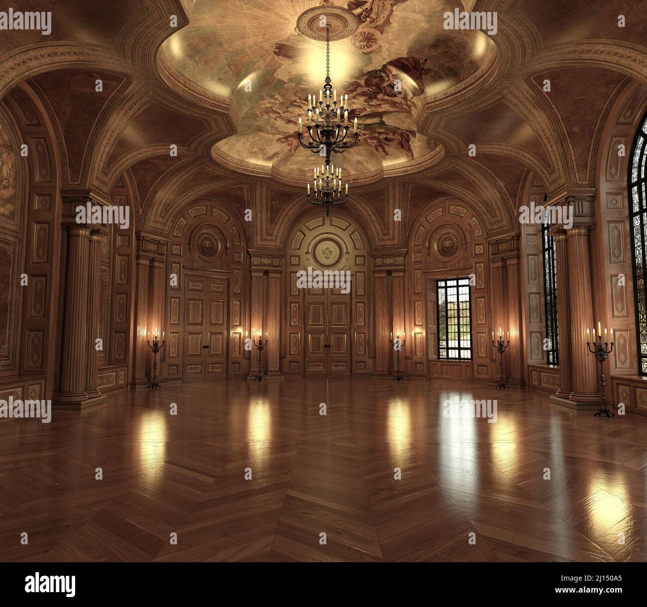 3d render of a luxury palace interior decorated with classic painting ...